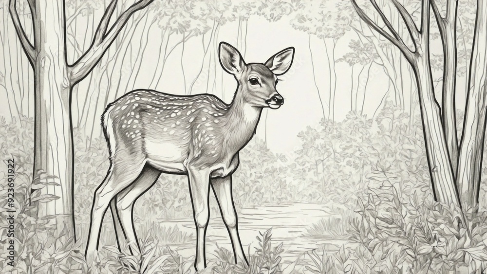 Cute fawn in forest wildlife nature outline contour drawing ...