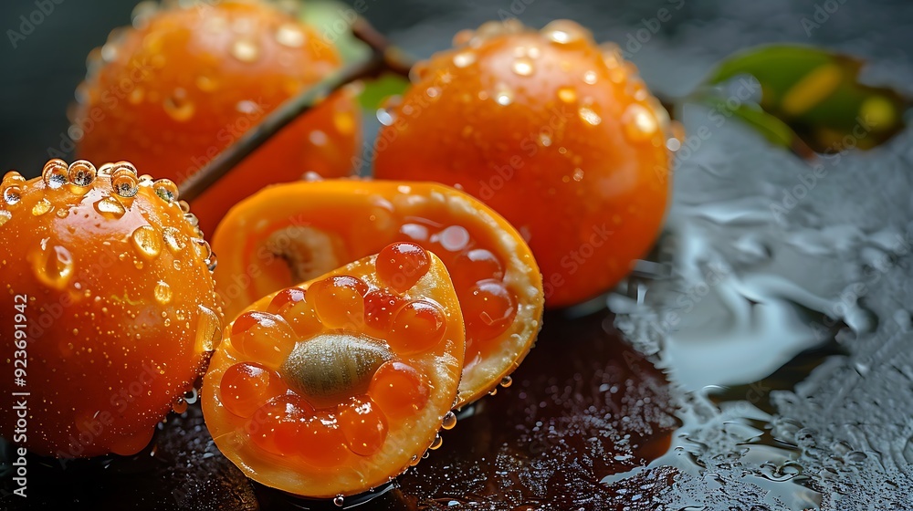 A selection of chicha fruits with some halved to reveal the bright ...