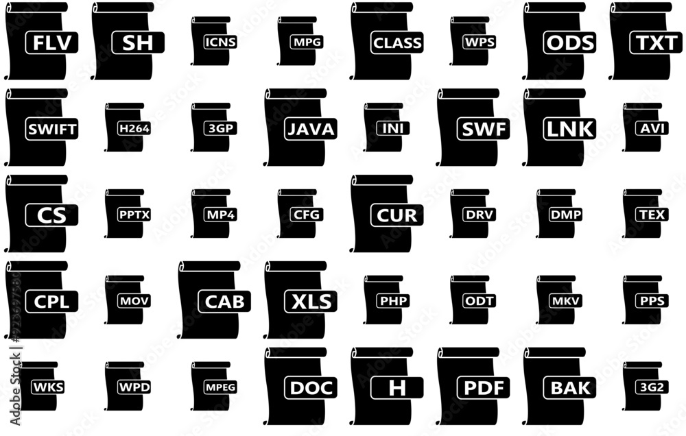 Set Of Linear File Format Icons Collection Isolated Silhouette Solid ...