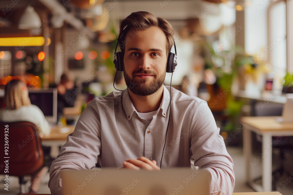 Beautiful man works in a big call center, sits at a table in front of a ...