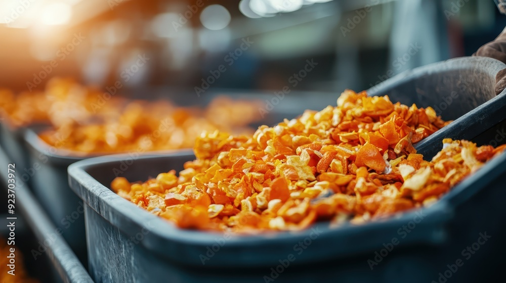 Orange peels being processed in large containers at an industrial ...