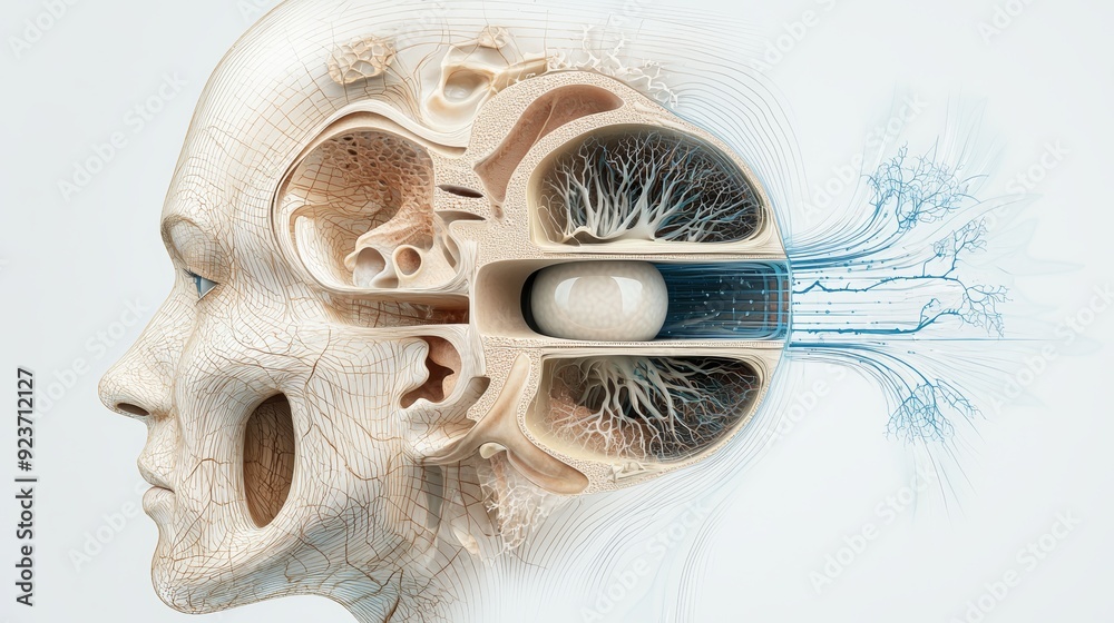 Anatomical illustration of the human ear, showcasing intricate ...