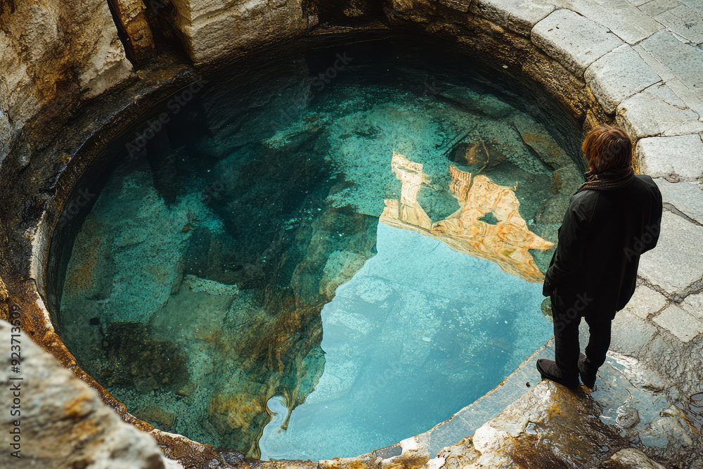 A person looking into a pool of water that reflects a fragmented ...