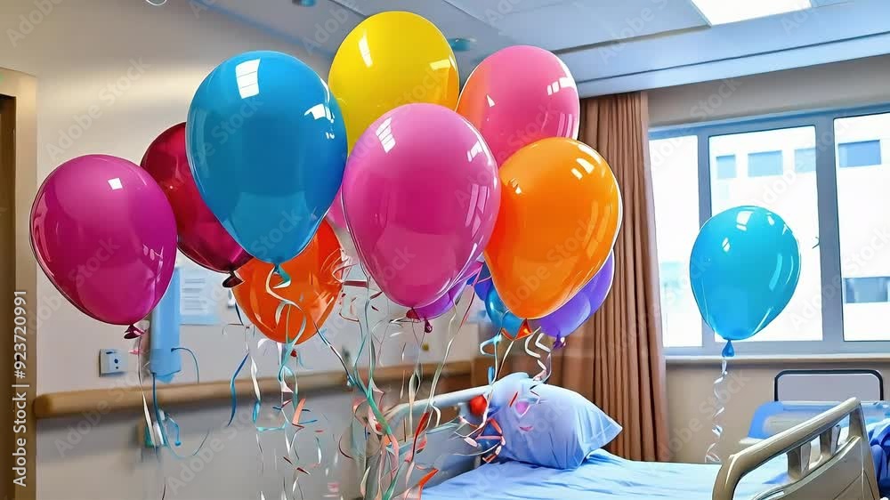Colorful balloons tied to a hospital bed, bringing cheer to a patient ...