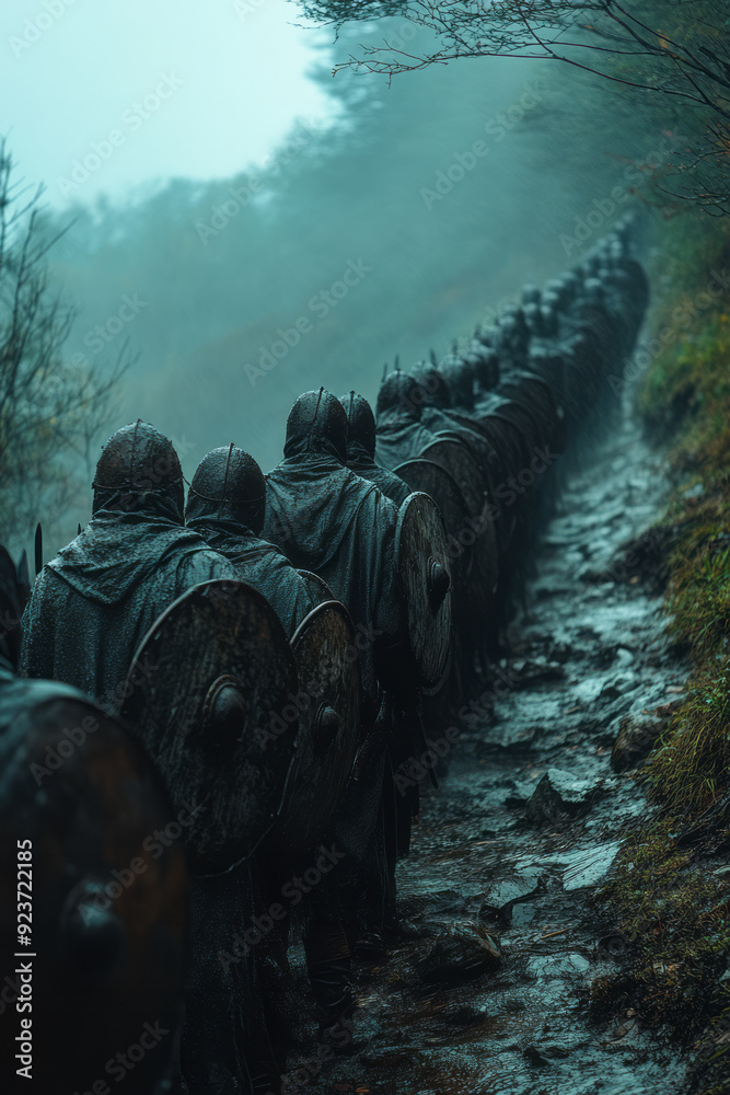 The phalanx holding a defensive position on a rain-soaked hill, their ...