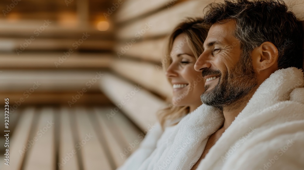This image shows a couple sitting together in a sauna, both wearing ...