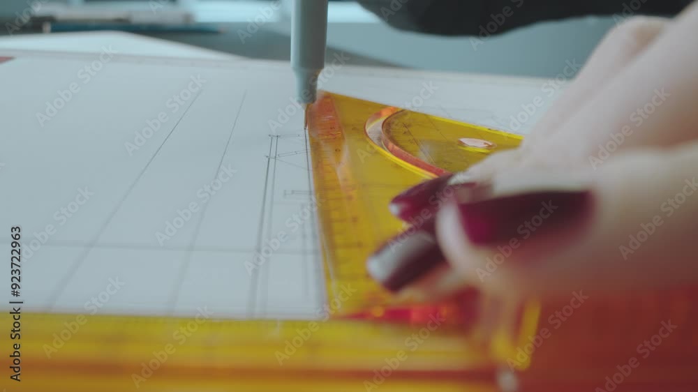 Extreme close-up view of an architect drawing house plan on blueprint ...