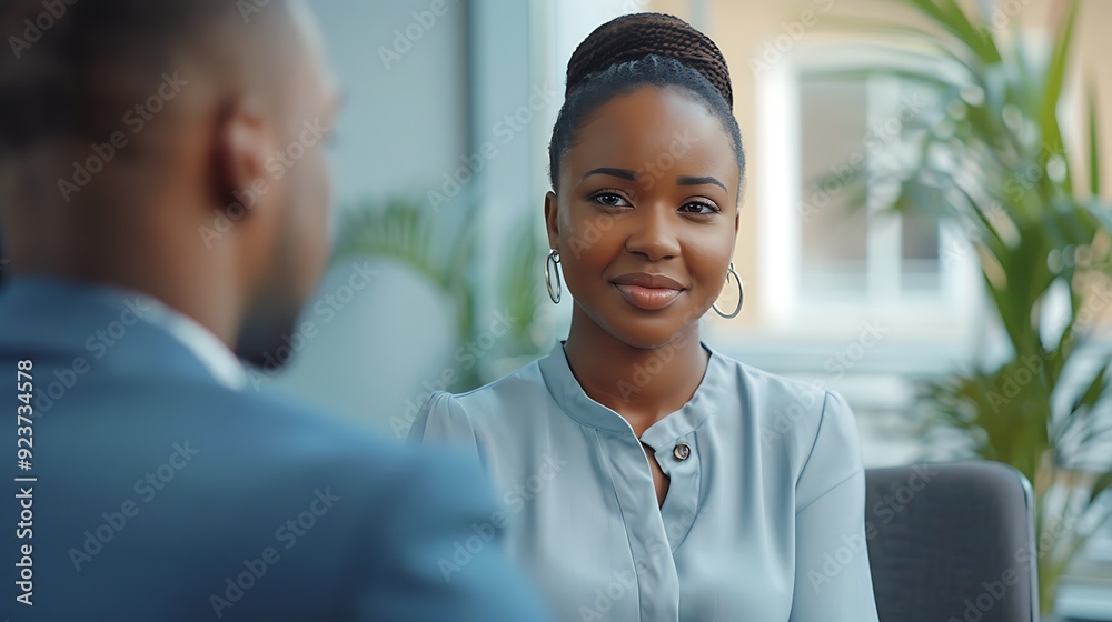 A side-angle shot of an interview follow-up, candidate thanking the ...