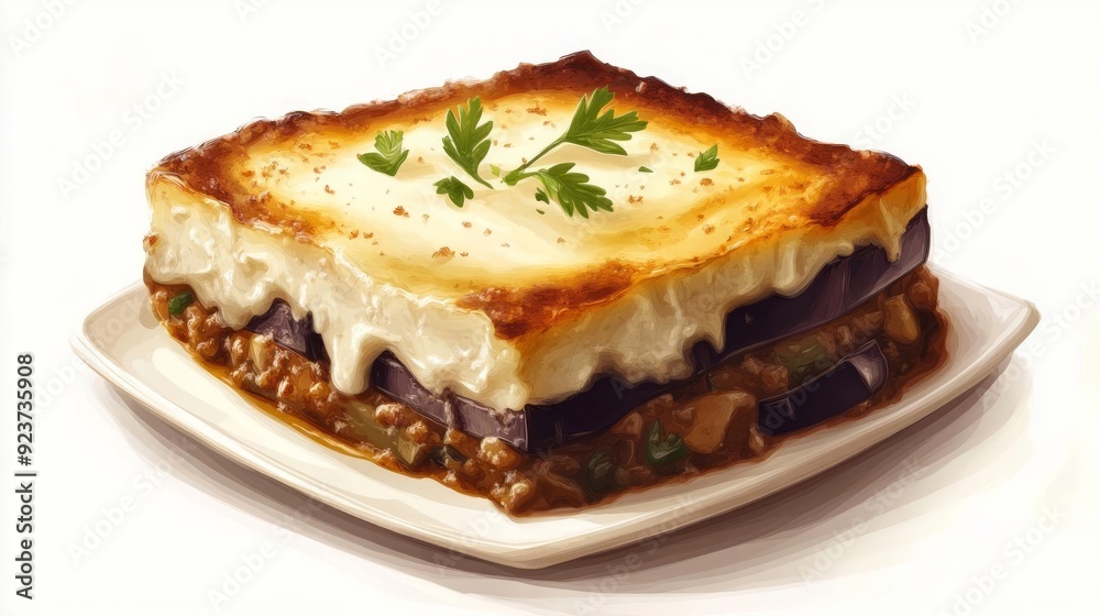 Realistic digital illustration of a Greek moussaka with layered ...