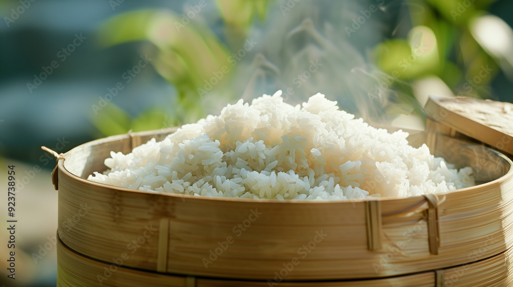 Steaming Rice in Bamboo Steamer: A close-up shot of freshly cooked rice ...