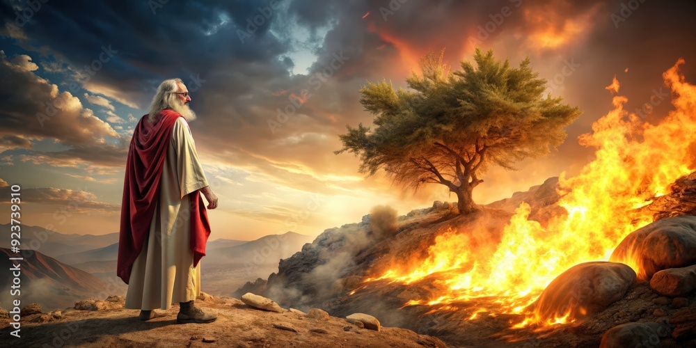 of Moses facing the burning bush on Mount Horeb, Moses, burning bush ...