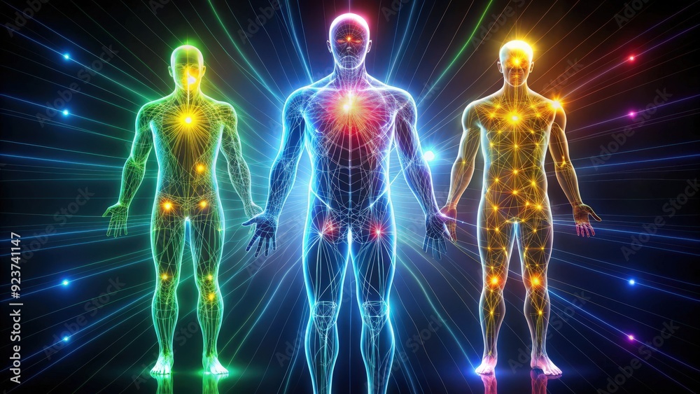 of glowing meridians connecting different parts of the body, energy ...