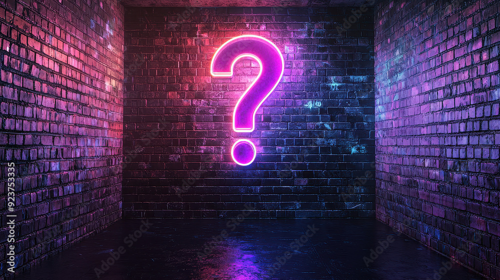 A neon question mark glowing brightly against a dark wet brick wall ...