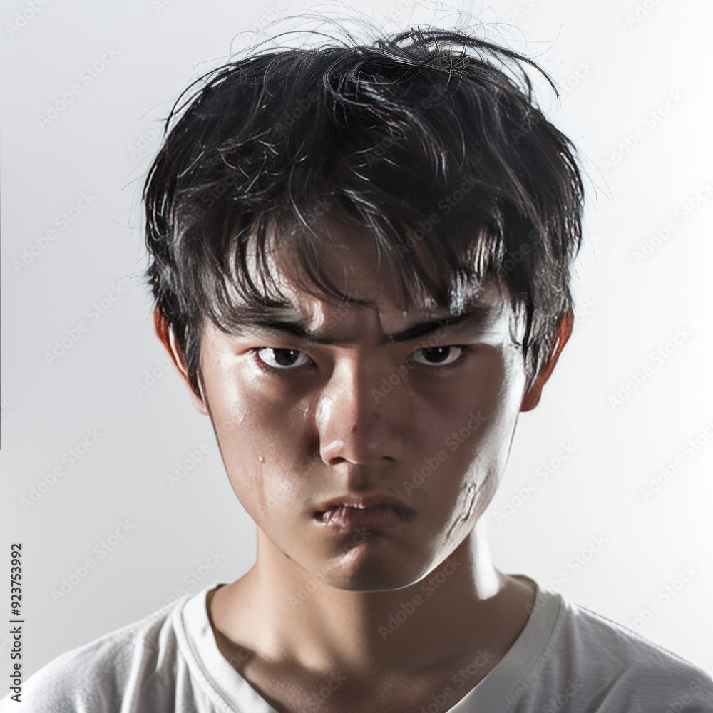 Angry, emotional and furious Asian man in white t-shirt makes a fierce ...