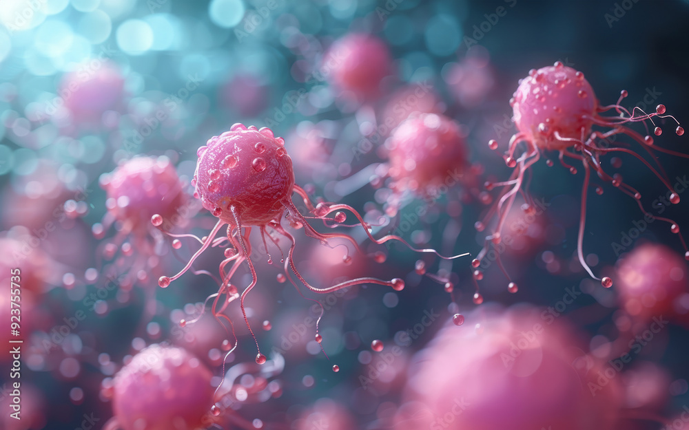 This image is a microscopic view of cancer cells. The cells are pink ...