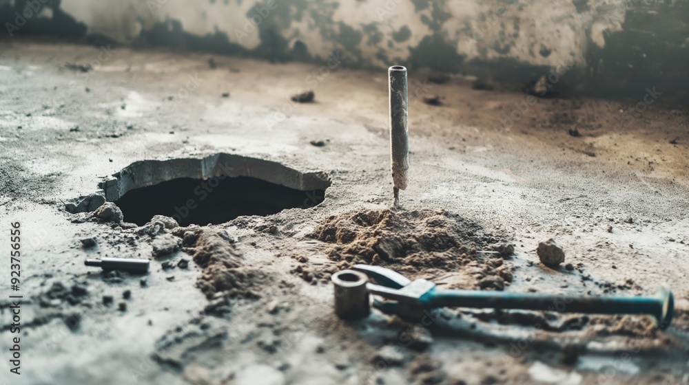 Crowbar and screwdriver next to a large hole in the concrete floor of ...
