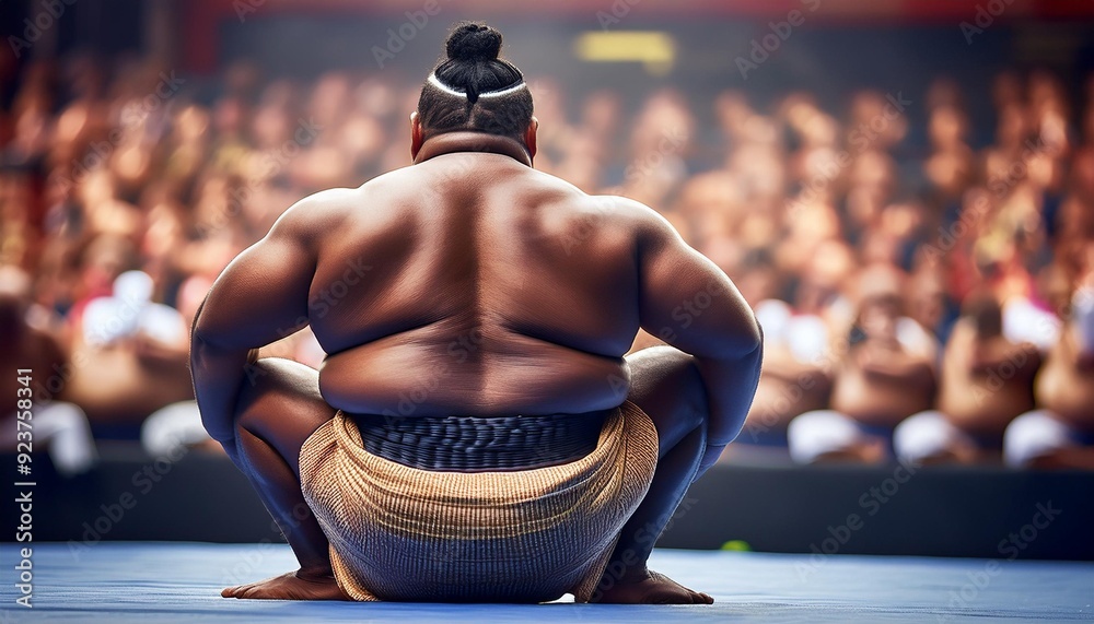 A Sumo wrestler in a squatting position in the arena; blurred ...