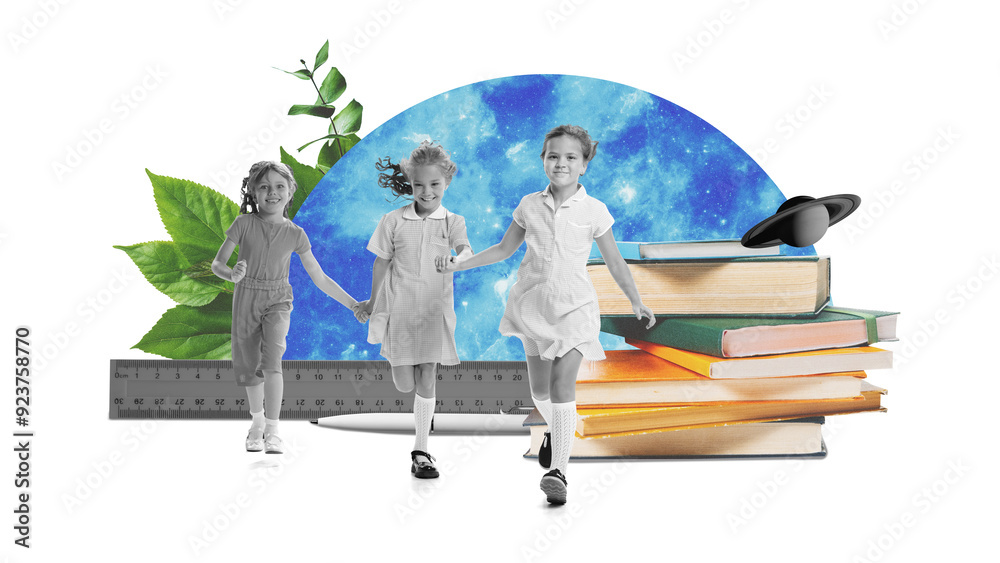 Poster. Contemporary art collage. Three girls classmates, running ...