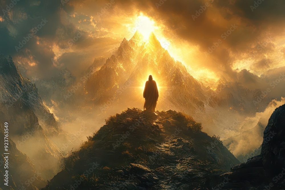 ethereal depiction of jesus transfiguration atop a misty mountain ...