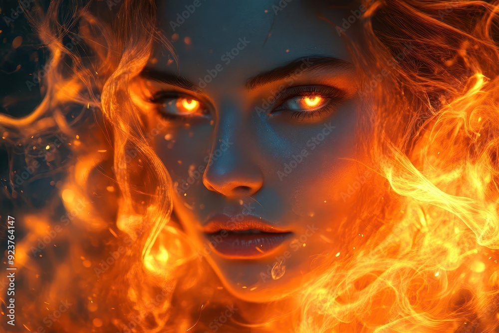 ethereal fire goddess with flowing hair of flames eyes glowing like ...
