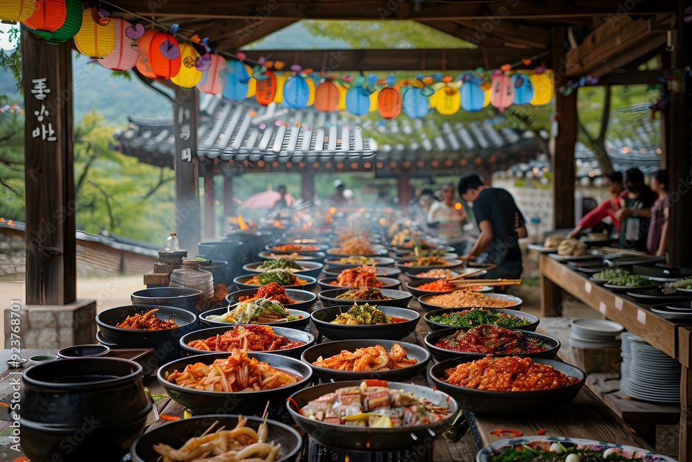 North Korean Cuisine in an Outdoor Celebration. Showcasing Traditional ...