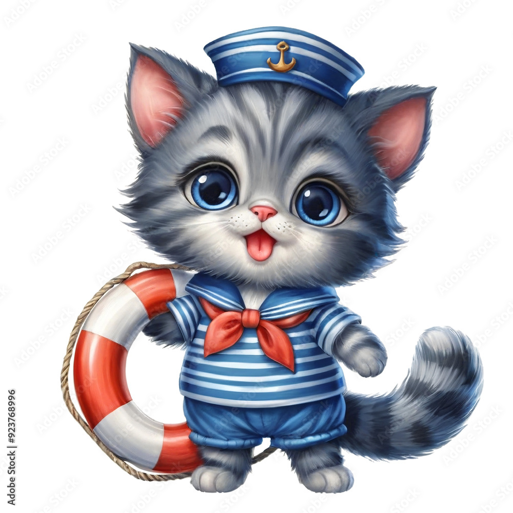 Cartoon sailor cat, a cat in a sailor costume, a cat with a lifebuoy ...