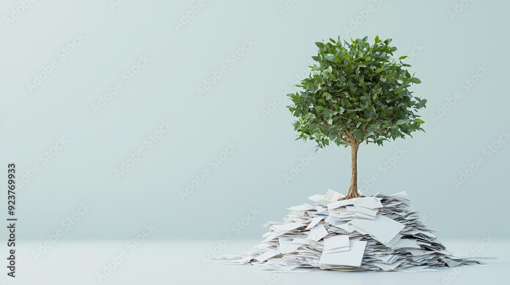 Tree growing on a pile of waste paper, illustrating the environmental ...