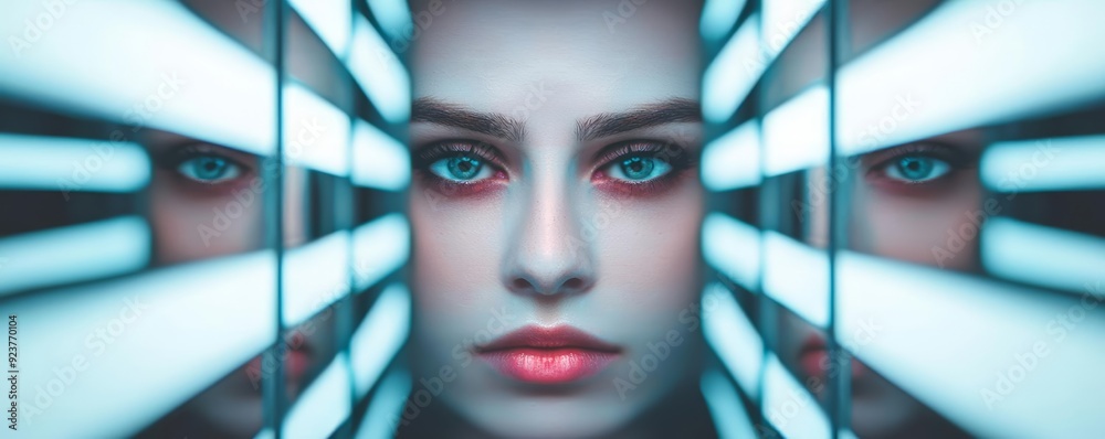 Vivid reflections of a face in an abstract mirrored environment ...