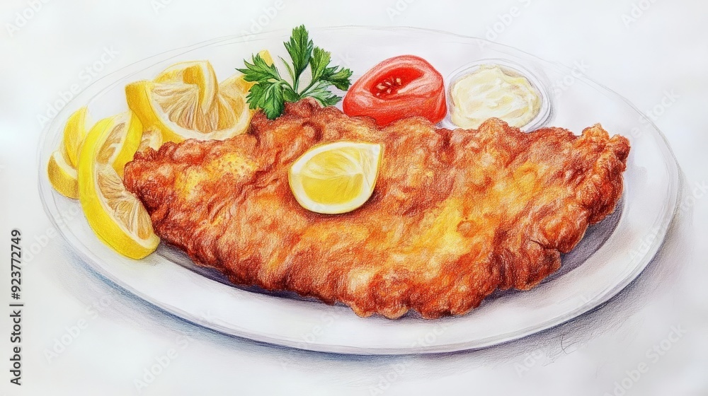 Colored pencil sketch of a freshly cooked Wiener Schnitzel, golden ...