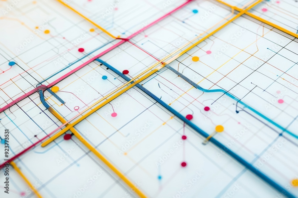 A close-up view captures the vibrant lines and dots of a subway map ...