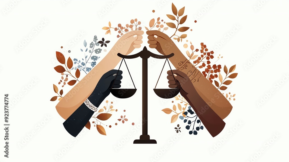 Symbolic illustration of justice with diverse hands balancing scales ...