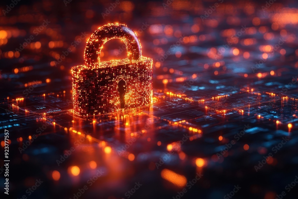 futuristic cyber security concept visualized through a glowing digital padlock streams of binary ...
