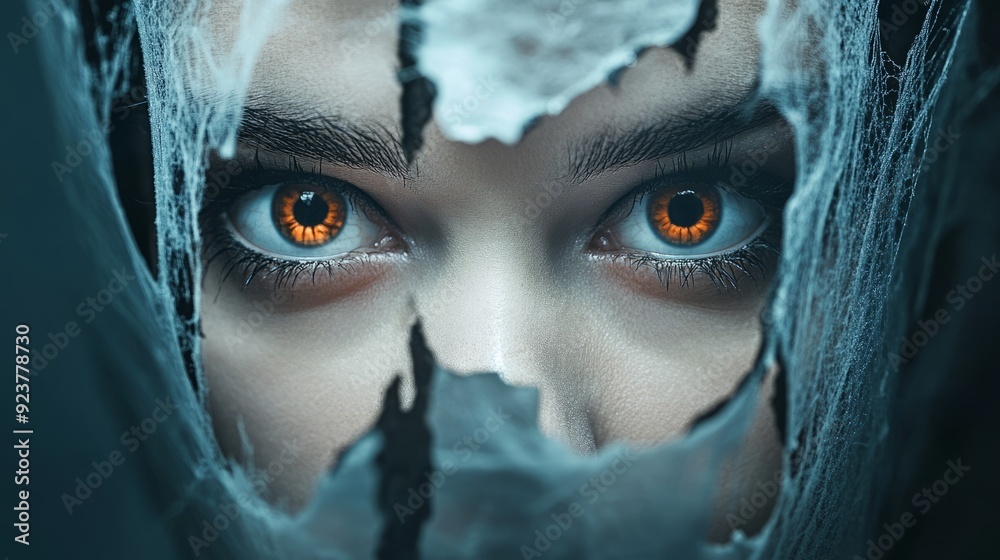 Gaze of the Occult: A woman with piercing orange eyes stares through ...