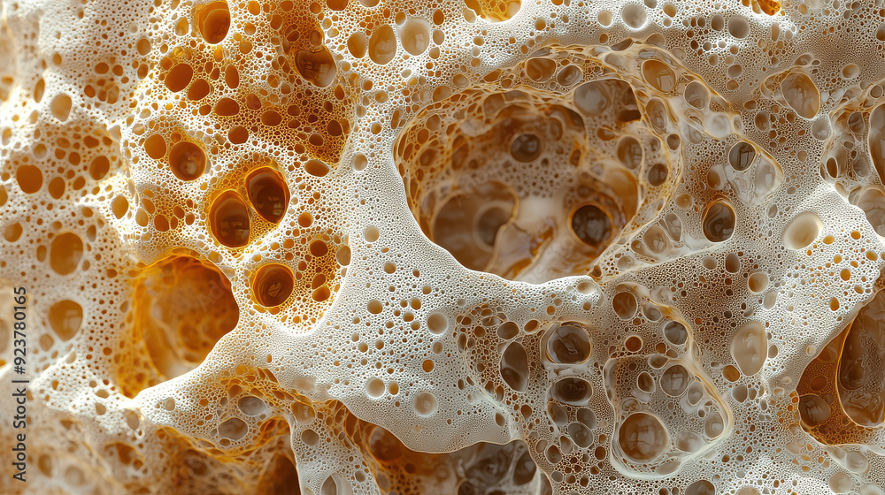 This image captures a detailed close-up view of a porous bread texture ...
