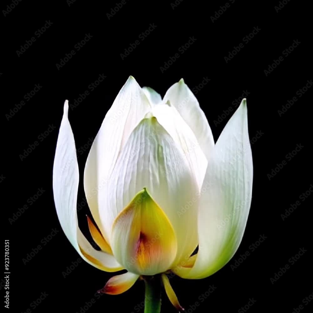 White lotus flower opening in full bloom with green leaves in the ...