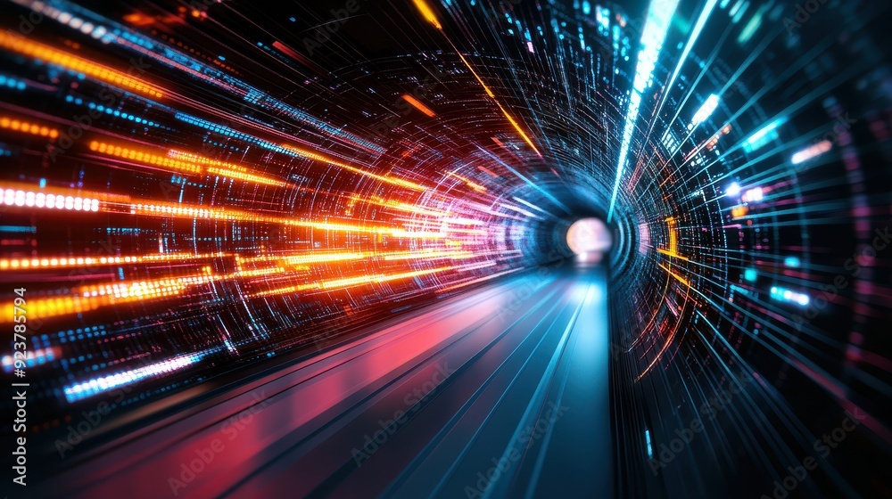 Abstract tunnel background, digital innovation, convergence and immersion, neon colors, high ...