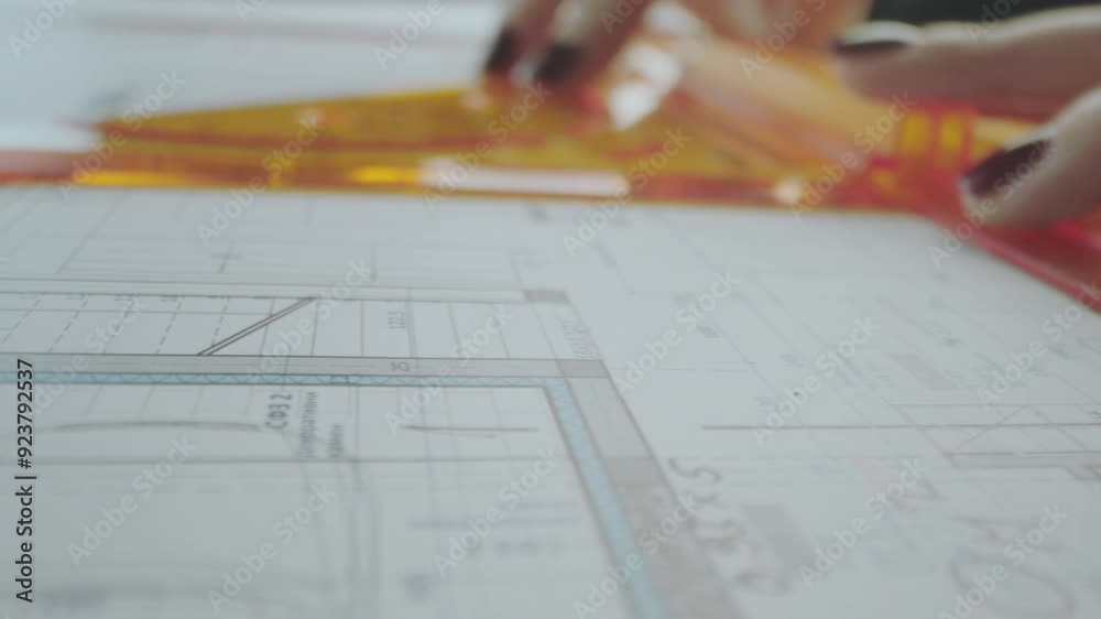 Extreme close-up view of a female architect creating blueprint for a ...