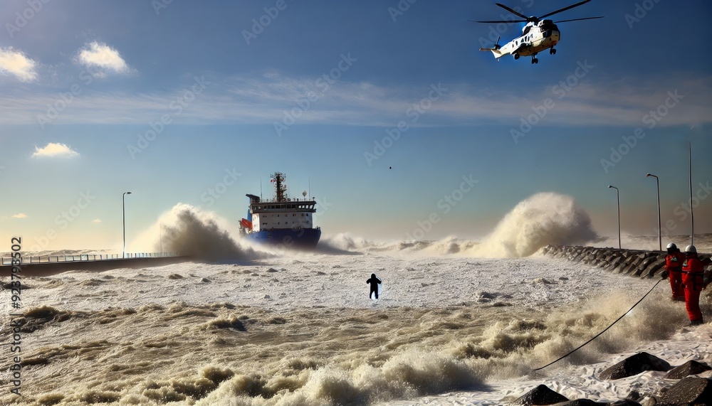 intense sea rescue operation with a helicopter, large waves, and a ship ...