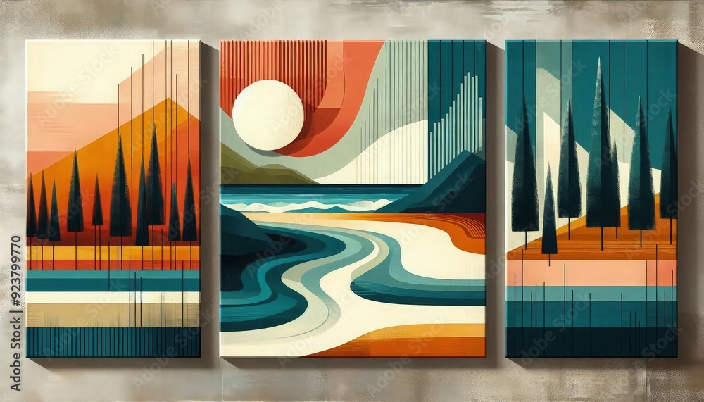 Triptych Art of Abstract representations of a forest, ocean, and desert ...