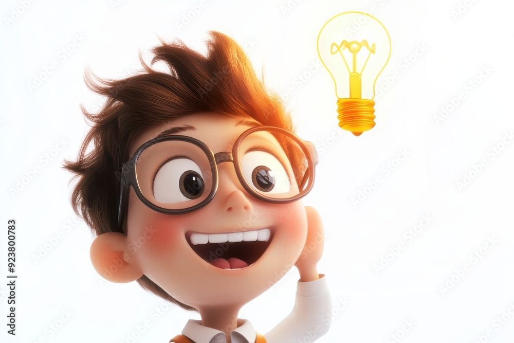 Animated boy with glasses overjoyed at idea. Light bulb glowing above ...