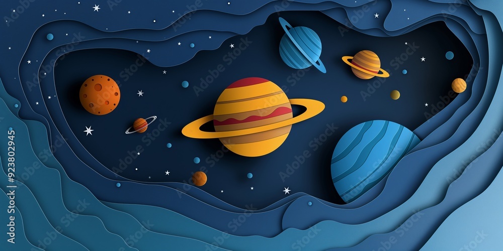 Paper cut planets and stars in space. 3D illustration with layered ...