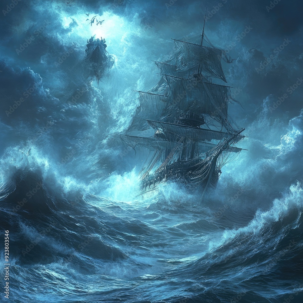 Apparition of an old sea captain on a ghost ship, surrounded by ...