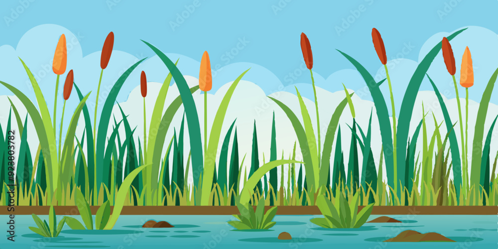 Vetor de Swamp grass seamless border, vector reed plant, marsh bush ...