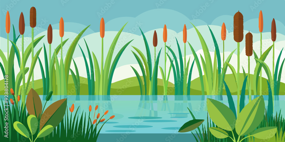 Swamp grass seamless border, vector reed plant, marsh bush, pond ...