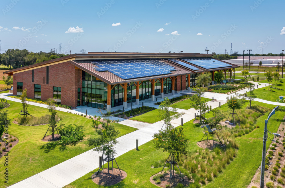 the exterior, bird's eye view of an energy-efficient school building in ...
