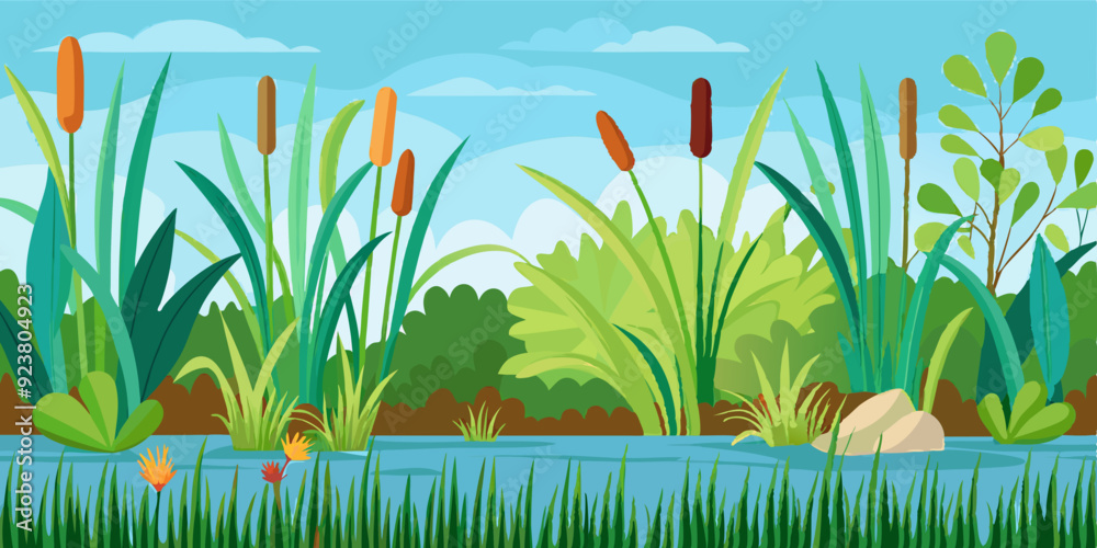 Swamp grass seamless border, vector reed plant, marsh bush, pond ...
