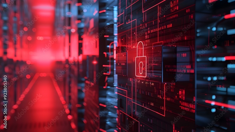 Cyber Security Server Room with Red Lights and Locked Symbol. Stock ...