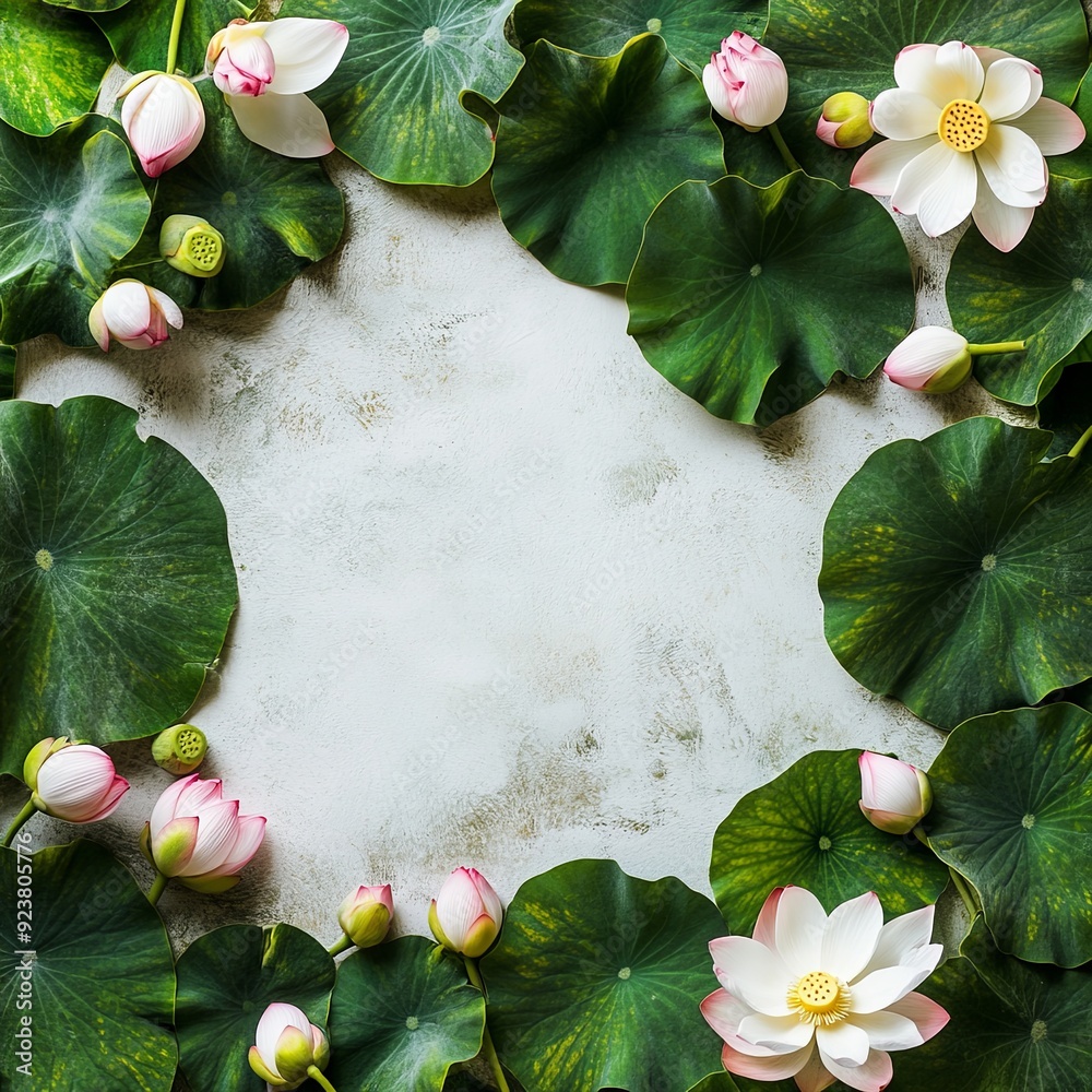 Top view of beauty background with fresh lotus flower, lotus buds and ...