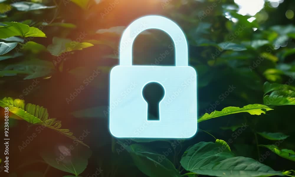 Holographic Digital Lock Icon Floating In A Natural Environment Symbolizing Cybersecurity And