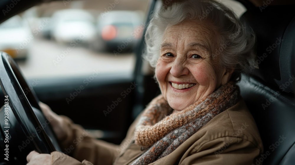 an elderly woman travels in her car, sitting behind the wheel. Portrait ...